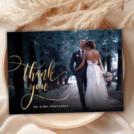 Stylish Gold Script 2 Photo Wedding Thank You Card | Zazzle