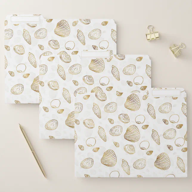 Stylish Gold White Seashells Pattern File Folder | Zazzle