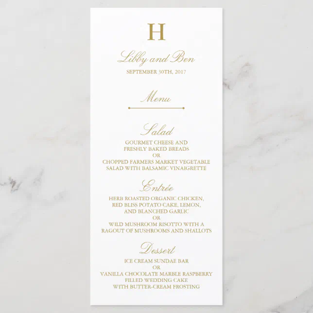 Stylish Gold & White Wedding Menu Template | Zazzle