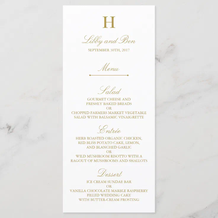 Stylish Gold & White Wedding Menu Template | Zazzle