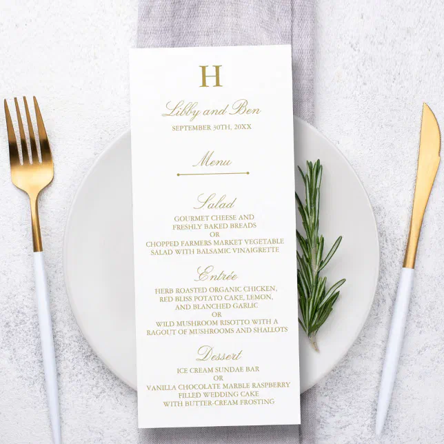 Stylish Gold & White Wedding Menu Template | Zazzle