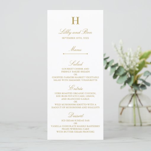 Stylish Gold & White Wedding Menu Template | Zazzle