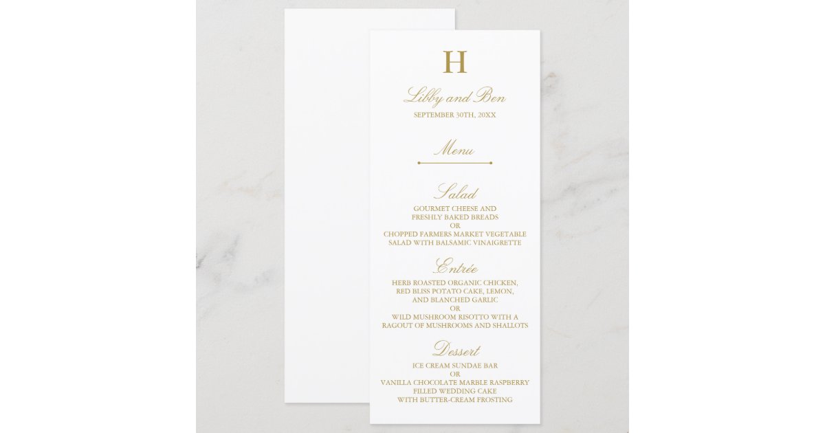 Stylish Gold & White Wedding Menu Template | Zazzle