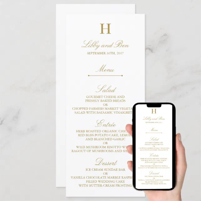 Stylish Gold & White Wedding Menu Template | Zazzle