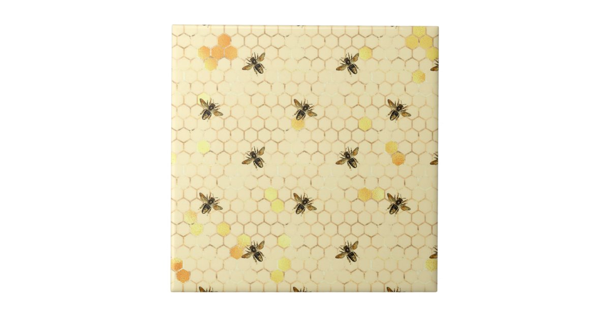 Stylish Gold Yellow Bees Honeycomb Ceramic Tile | Zazzle