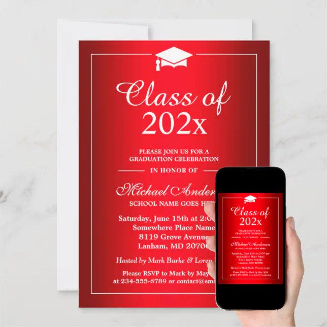 Stylish Gradient Hot Red Class Of Graduation Party Invitation | Zazzle