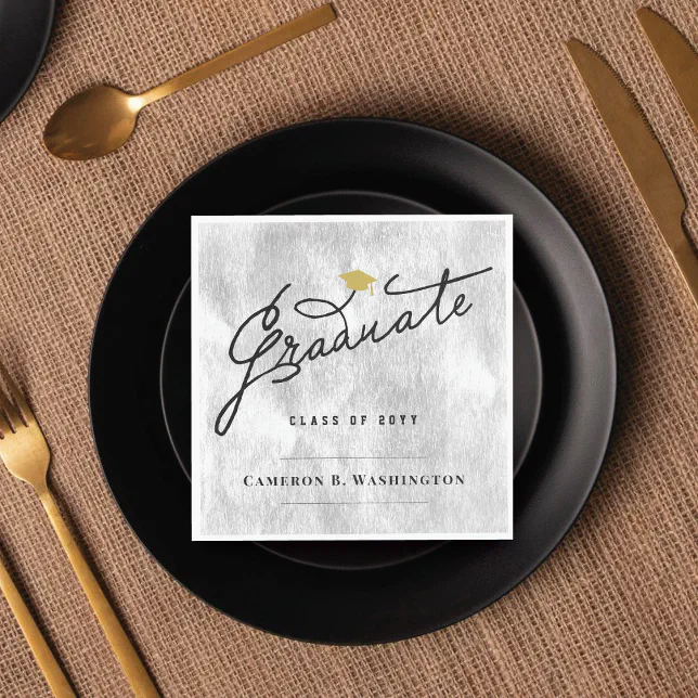 Stylish Graduate Script Silver Foil Grad Party Paper Napkins | Zazzle
