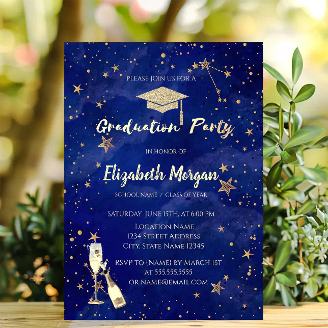 Stylish Graduation Cap,Wine Glass Stars Graduation Invitation | Zazzle