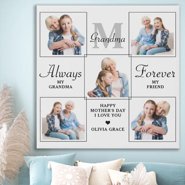 Stylish GRANDMA Personalized 5 Photo Collage Faux Canvas Print | Zazzle