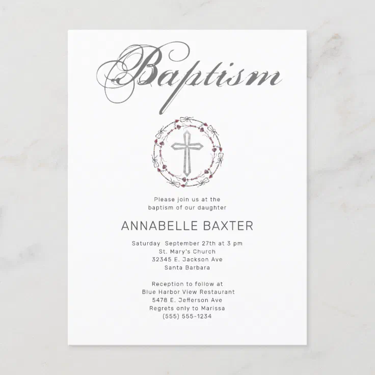 Stylish Gray Baptism Cross Invitation Postcard | Zazzle