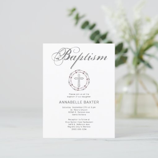 Stylish Gray Baptism Cross Invitation Postcard | Zazzle