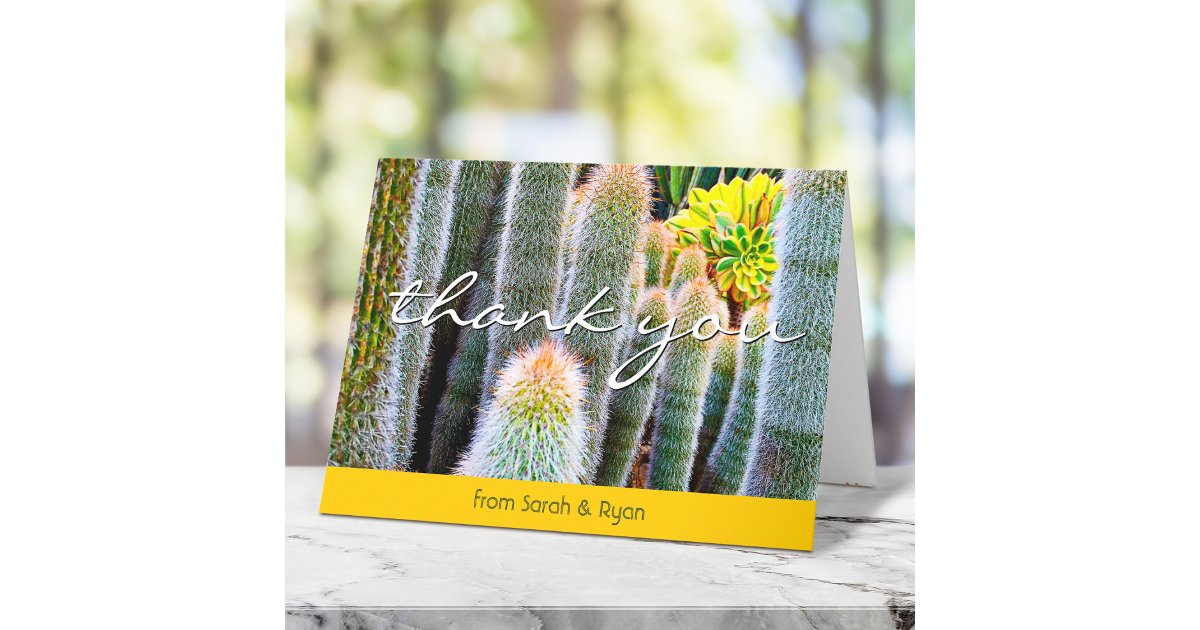 Stylish green fuzzy cacti modern script name bold thank you card | Zazzle