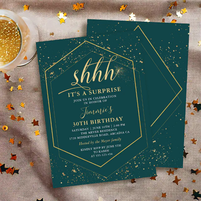 Stylish Green Gold Geometric Surprise Birthday Invitation | Zazzle