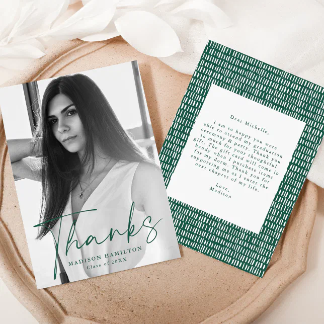 Stylish Green Script Photo Graduation Thank You Card | Zazzle