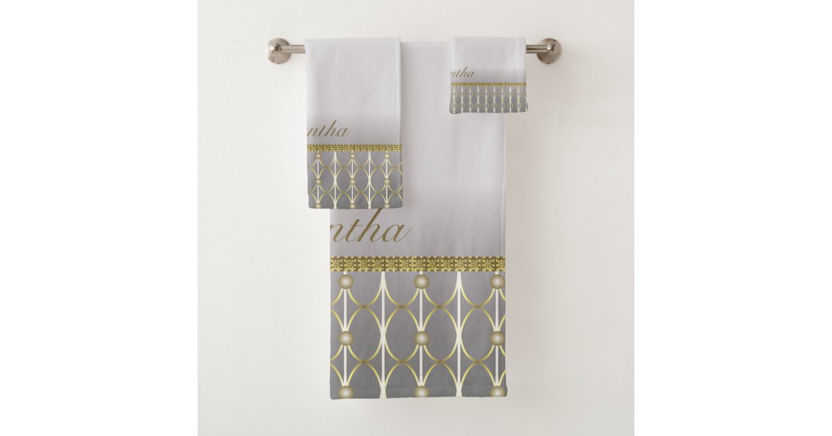 Stylish Grey And White Gold Geometric Pattern Bath Towel Set | Zazzle