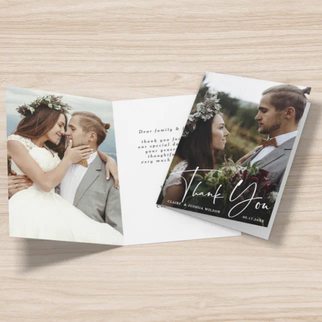 Stylish Hand Lettered Wedding 2 Photo Thank You Card | Zazzle