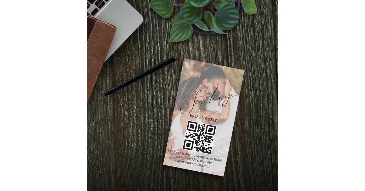 stylish handwriting rsvp qr code wedding photo note card | Zazzle