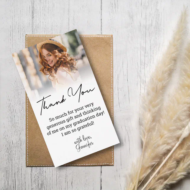 stylish handwriting thank you graduation photo note card | Zazzle