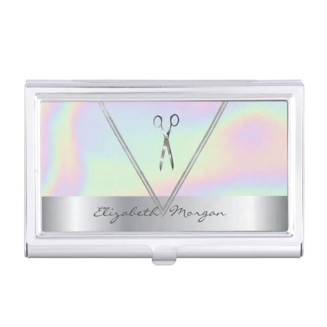 Stylish,Holographic,Silver Geometric Scissors Business Card Case | Zazzle