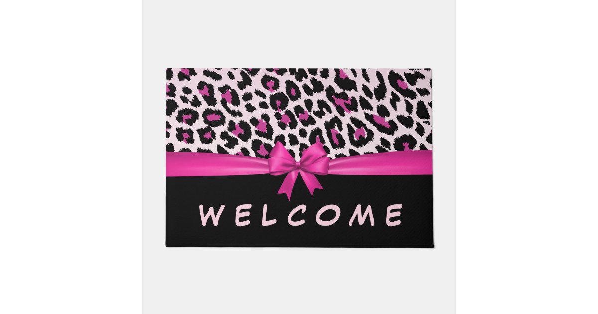 Stylish Hot Pink Leopard Print Ribbon Welcome Home Doormat | Zazzle