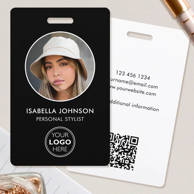 Stylish ID Photo Logo QR Code Black White Security Badge | Zazzle