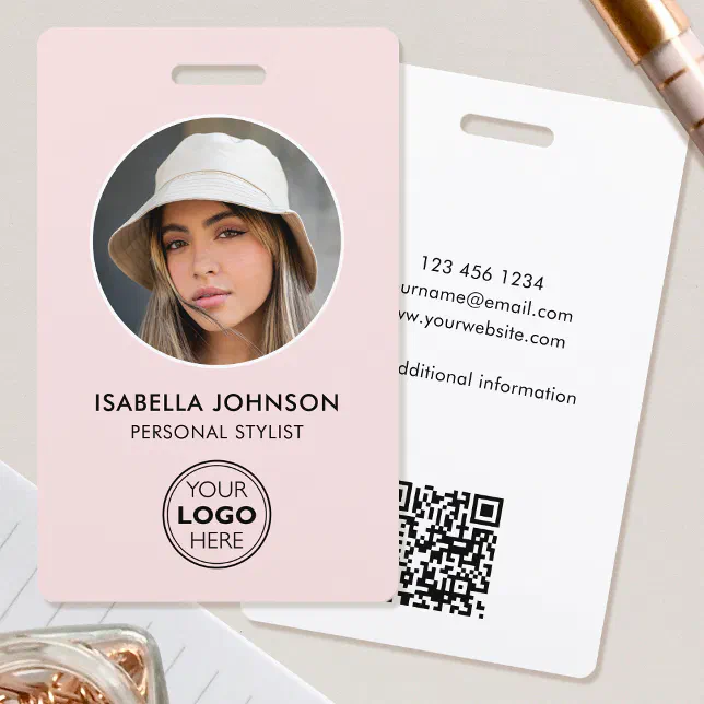 Stylish ID Photo Logo QR Code Blush Pink Security Badge | Zazzle