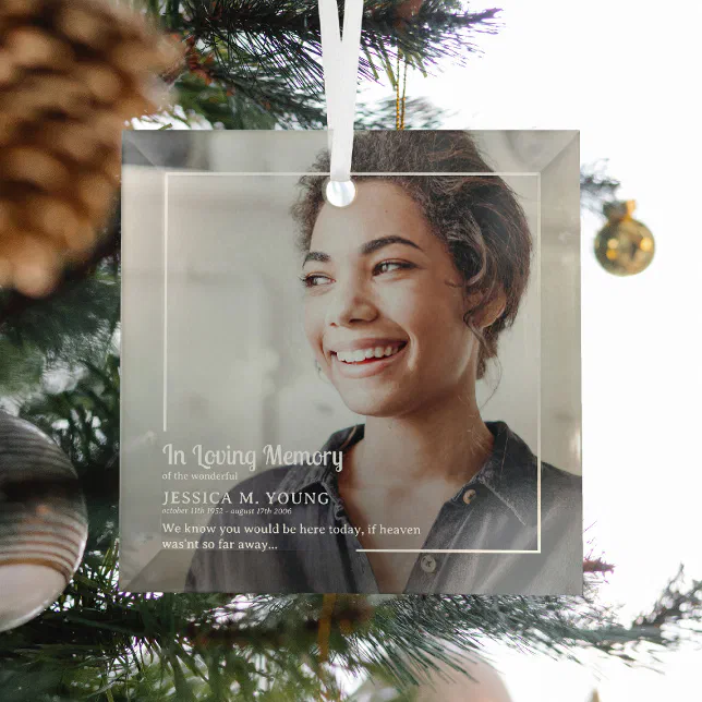 Stylish In Loving Memory Memorial Photo & Quote Glass Ornament | Zazzle