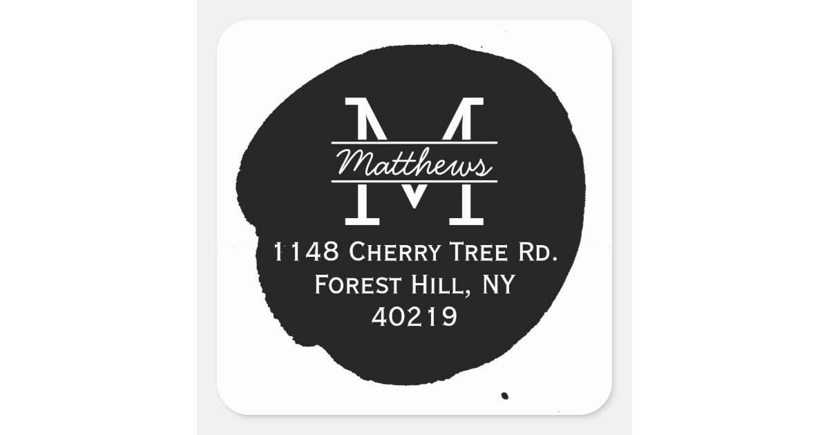 Stylish Ink Splatter Custom Monogram Square Sticker | Zazzle