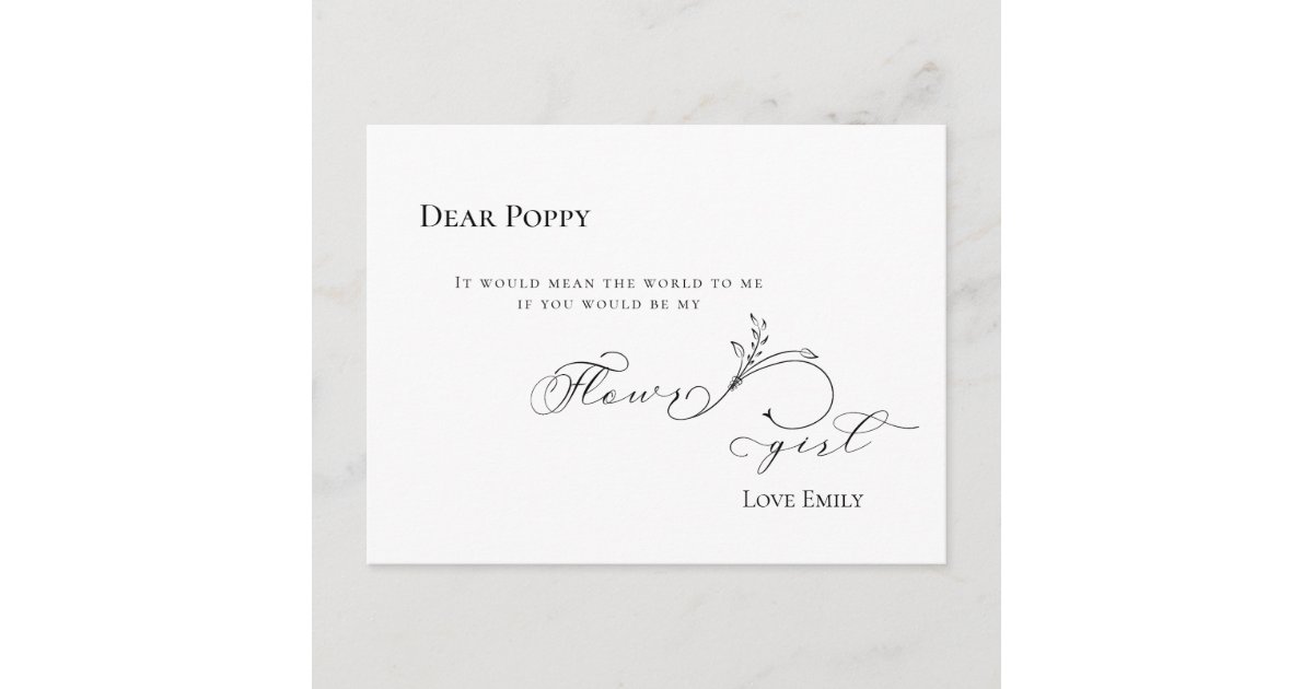 Stylish Leaf Black Script Flowergirl Request Postcard | Zazzle