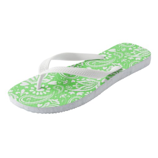 Stylish Lime Green and White Paisley Patterned Flip Flops | Zazzle