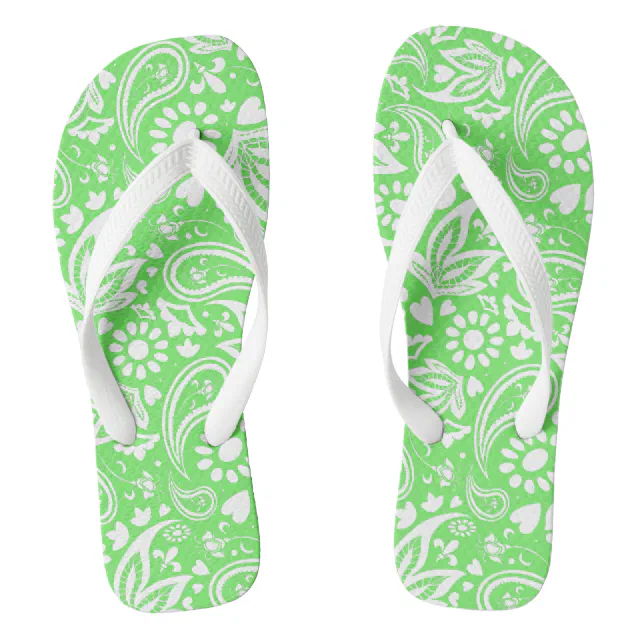 Stylish Lime Green and White Paisley Patterned Flip Flops | Zazzle