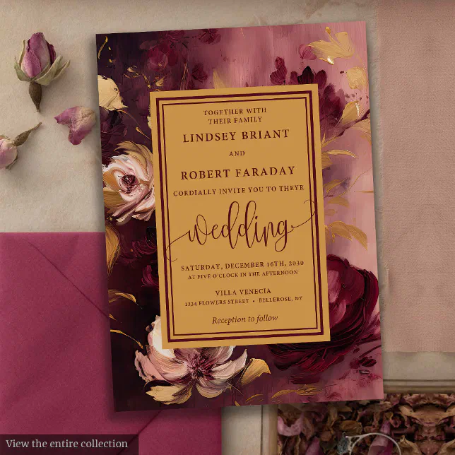 Stylish Lux Merlot Blush Gold Floral Wedding Invitation | Zazzle