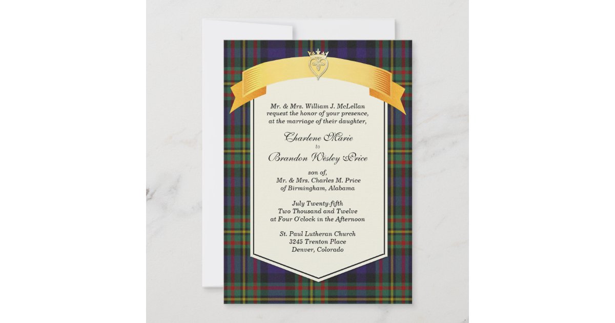 Stylish MacLellan Tartan Plaid Custom Wedding Invitation | Zazzle