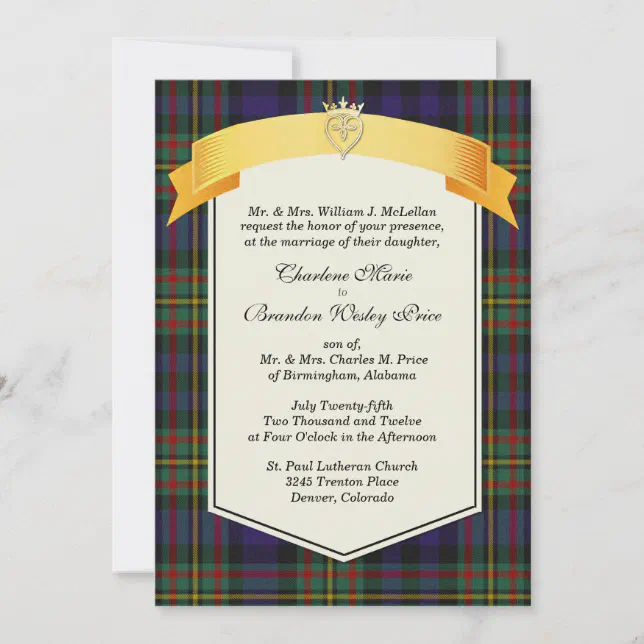 Stylish MacLellan Tartan Plaid Custom Wedding Invitation | Zazzle