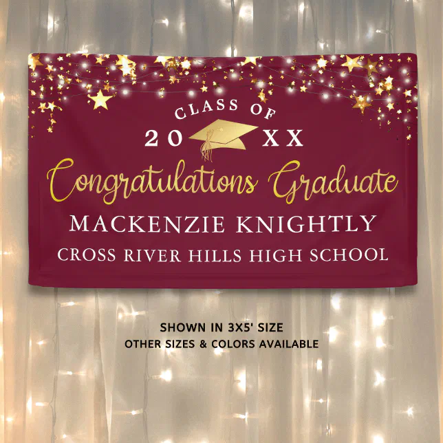 Stylish Maroon Burgundy Gold Script Congrats Grad Banner | Zazzle