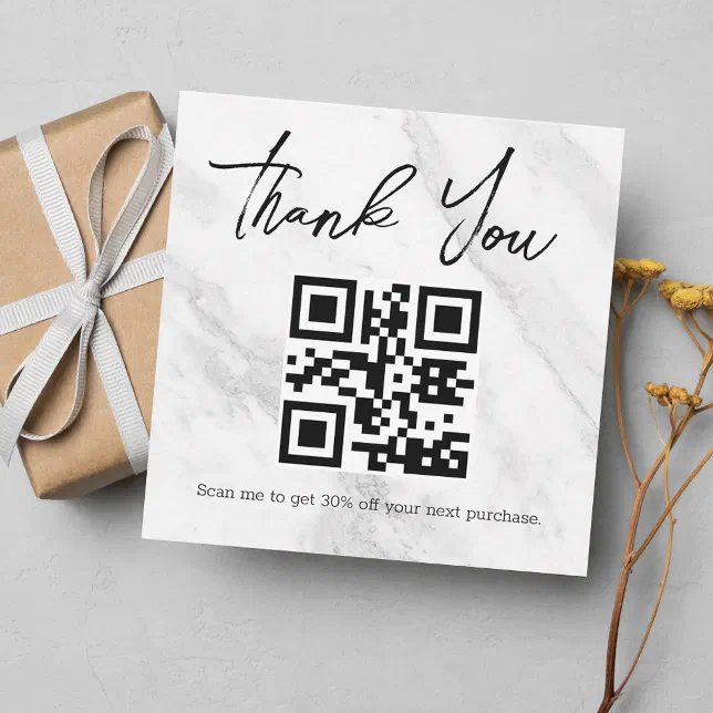 stylish minimal thank you business qr code marble note card | Zazzle