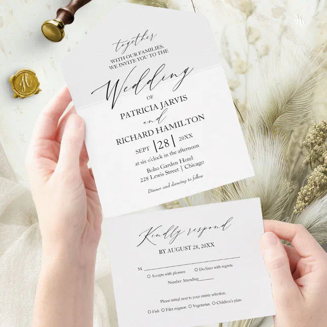 Stylish Modern Calligraphy Wedding All In One Invitation | Zazzle
