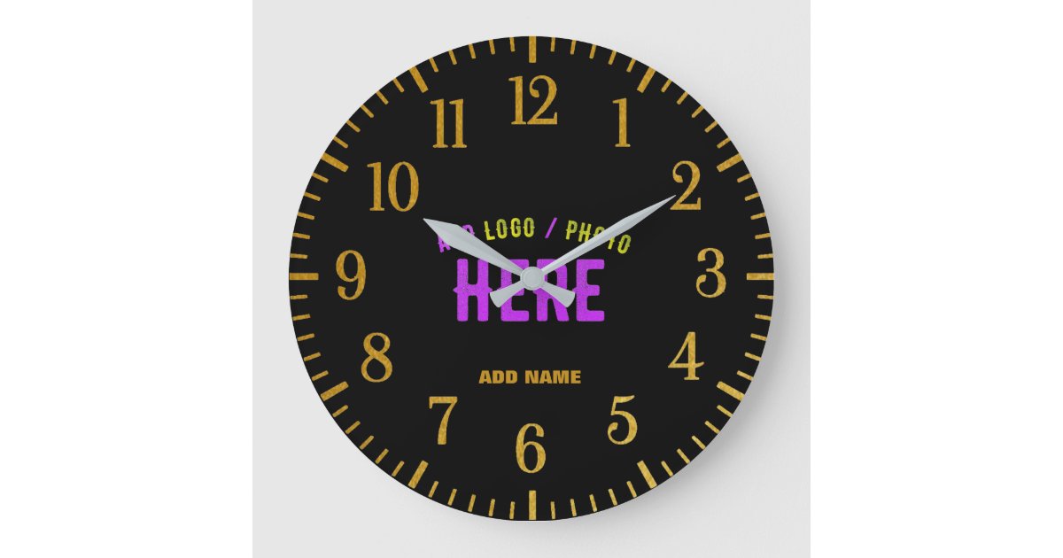 STYLISH MODERN CUSTOMIZABLE BLACK VERIFIED BRANDED LARGE CLOCK | Zazzle