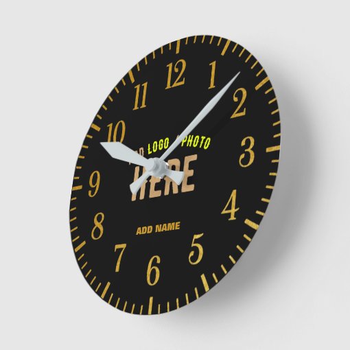 STYLISH MODERN CUSTOMIZABLE BLACK VERIFIED BRANDED ROUND CLOCK | Zazzle