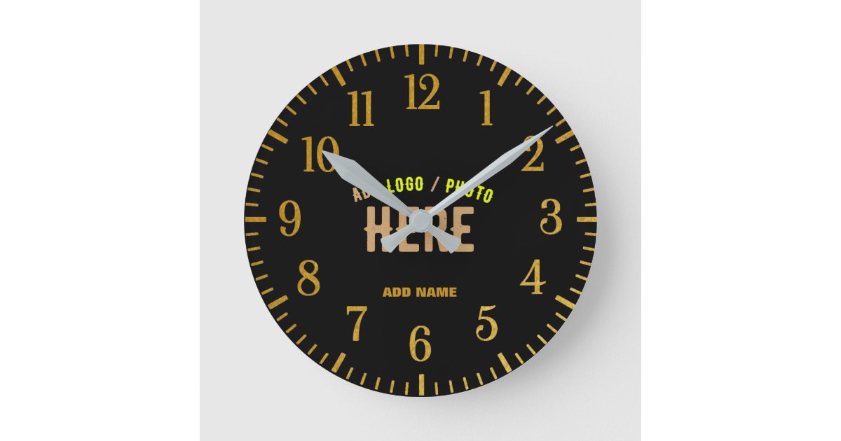 STYLISH MODERN CUSTOMIZABLE BLACK VERIFIED BRANDED ROUND CLOCK | Zazzle