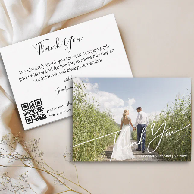 stylish modern qr code wedding photo thank you note card | Zazzle