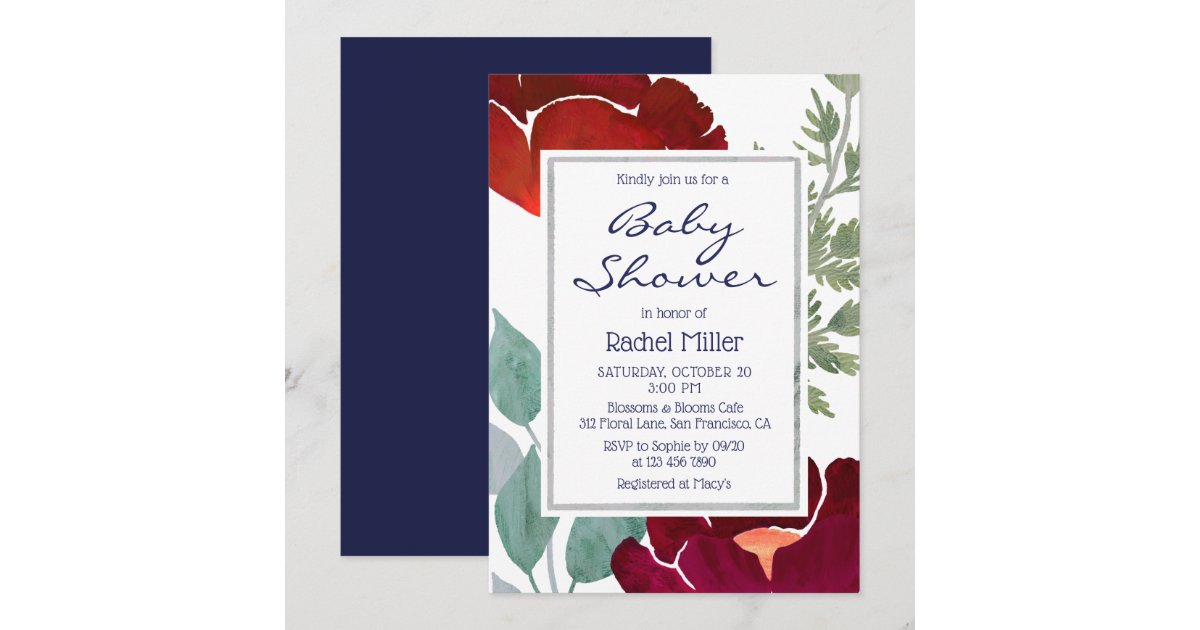 Stylish Modern Red Watercolor Floral Baby Shower Invitation | Zazzle