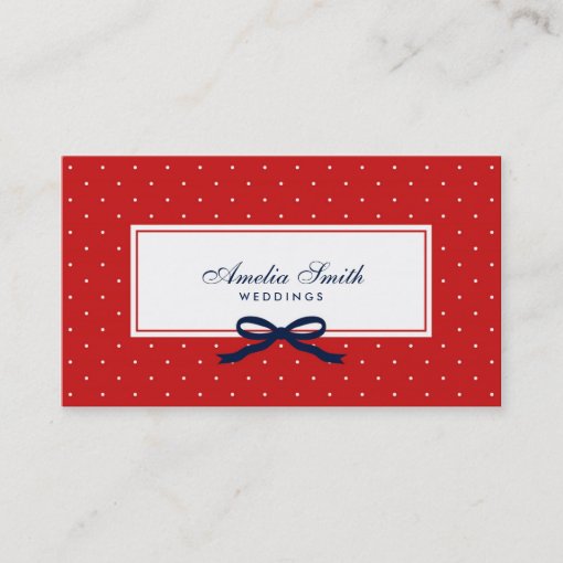 Stylish Modern Red & White Polka Dot Blue Ribbon Business Card | Zazzle