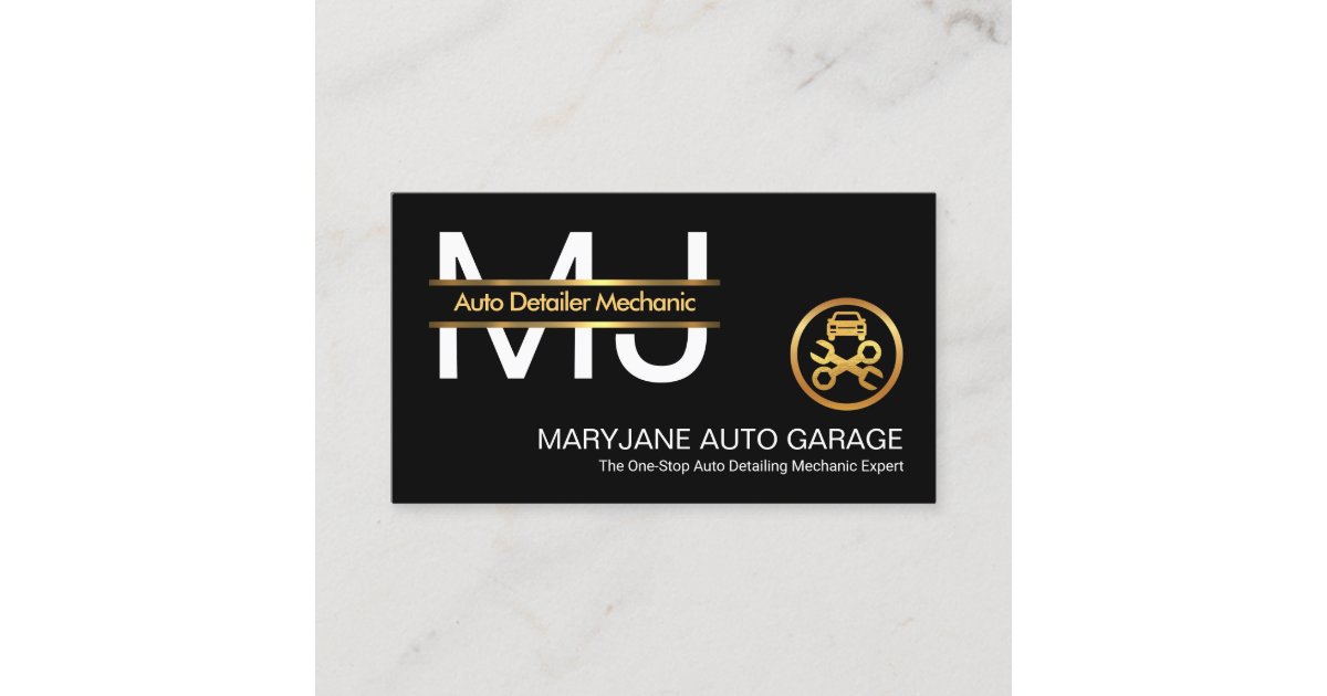 Stylish Monogram Gold Border Line Car Mechanic Business Card | Zazzle