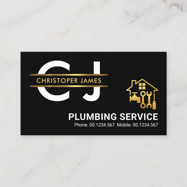 Stylish Monogram Gold Placard Border Plumber Business Card | Zazzle