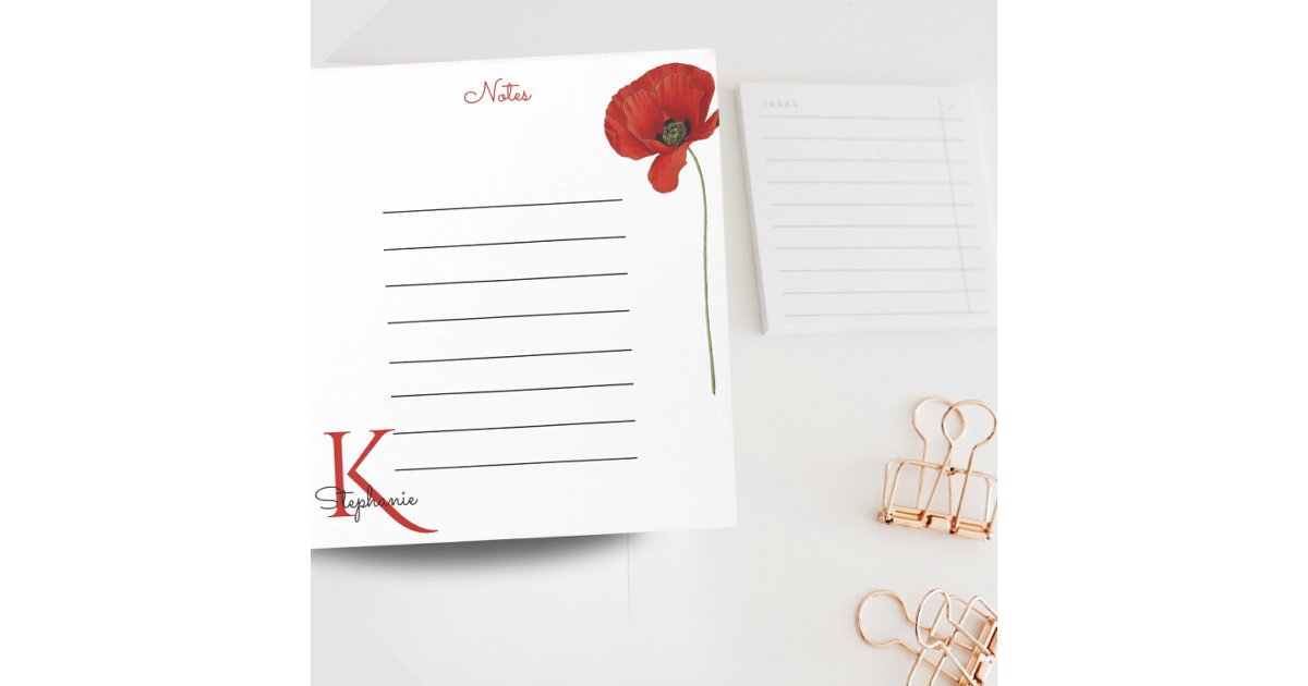 Stylish Monogram Red Poppy Notes | Zazzle