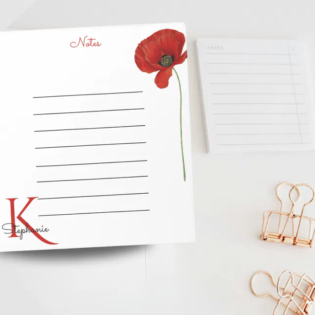 Stylish Monogram Red Poppy Notes | Zazzle