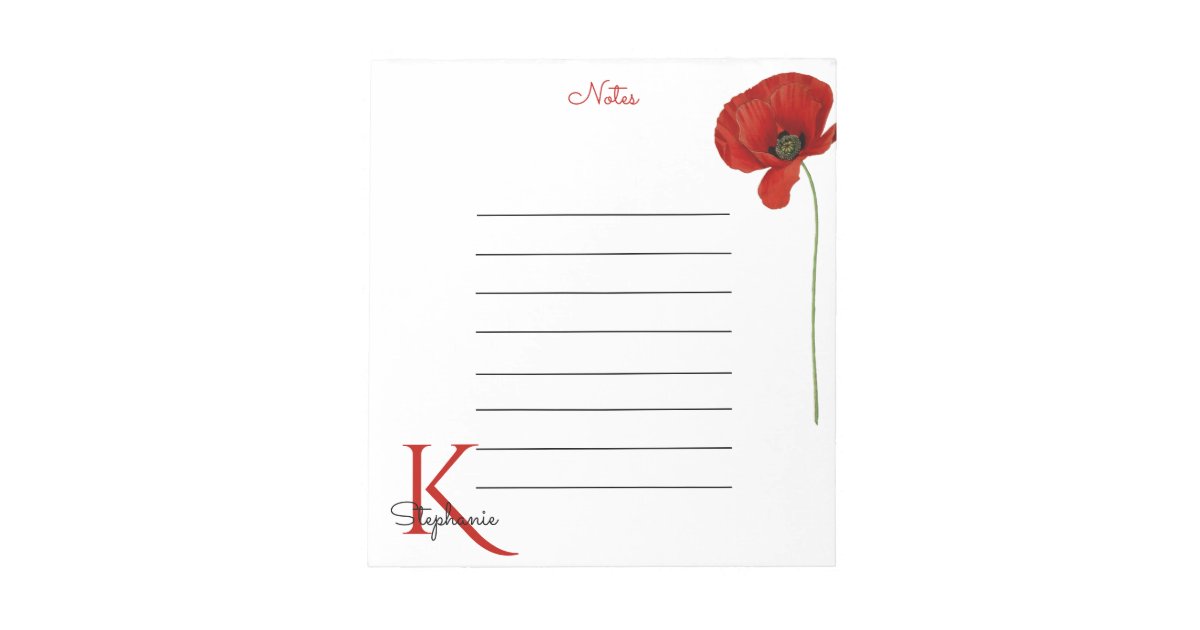 Stylish Monogram Red Poppy Notes | Zazzle