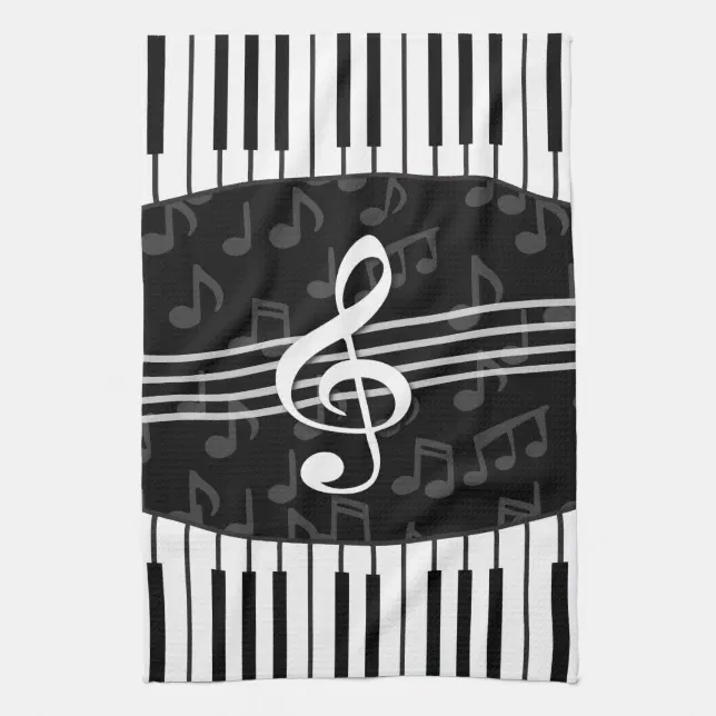 Stylish Music Notes Treble Clef and Piano Keys Kitchen Towel | Zazzle