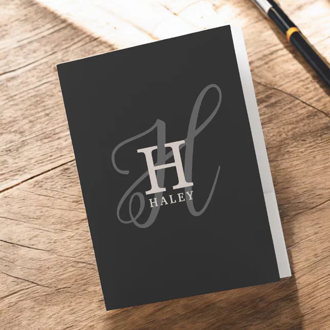 Stylish Name with Calligraphy Monogram Black Pocket Folder | Zazzle